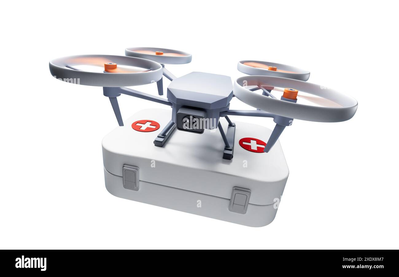 Realistic drone carrying the first aid medical box, 3d rendering. 3D ...