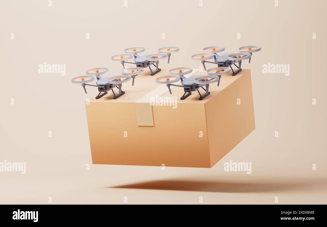 Realistic drone carrying the box, 3d rendering. 3D illustration Stock ...