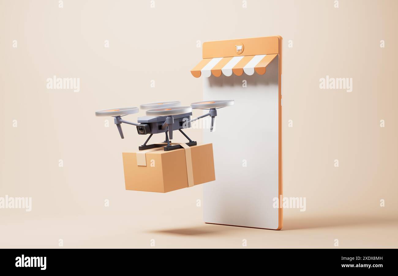 Realistic drone carrying the box, 3d rendering. 3D illustration Stock ...