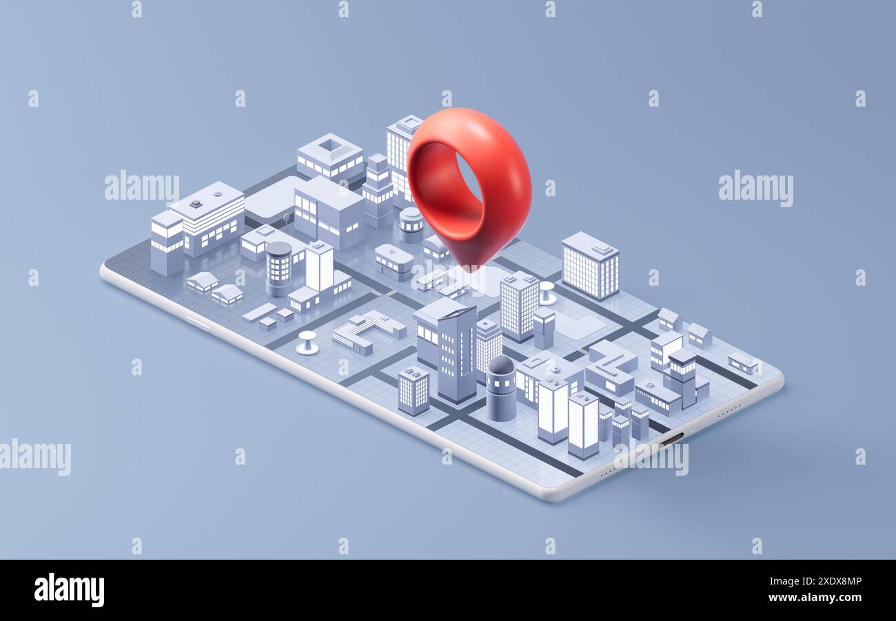 Mobile phone with city buildings on the screen, 3d rendering. 3D ...
