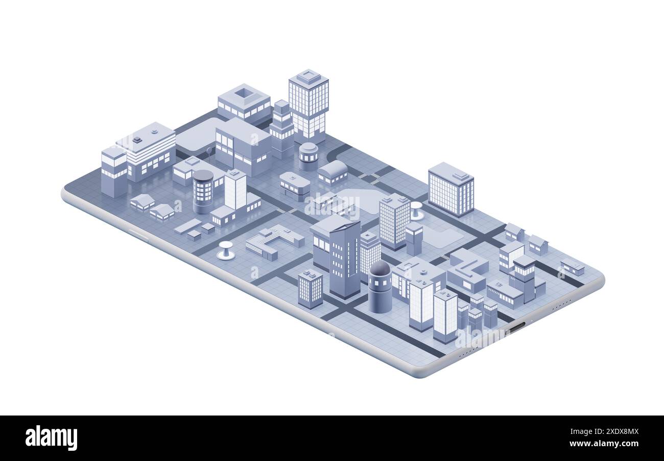 Mobile phone with city buildings on the screen, 3d rendering. 3D ...