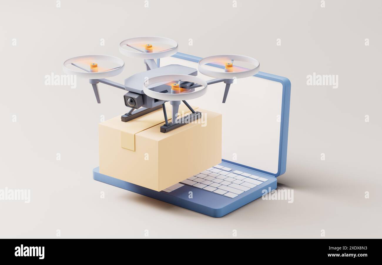 Realistic drone carrying the box, 3d rendering. 3D illustration Stock ...