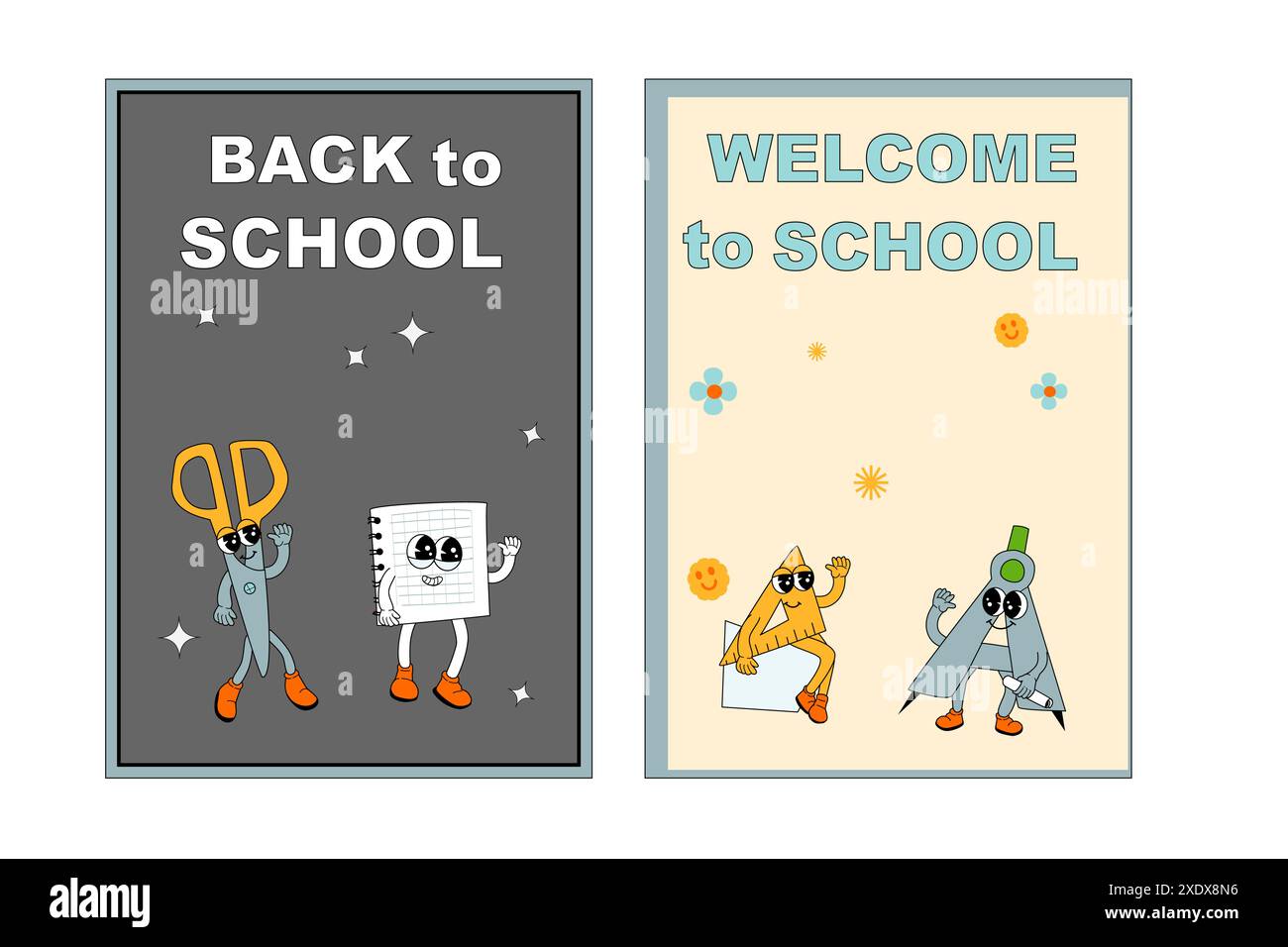 School posters set with groovy characters. Stationery with y2k school ...