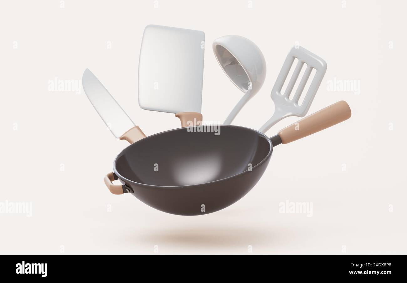 Cartoon style kitchen ware wok, 3d rendering. 3D illustration Stock ...