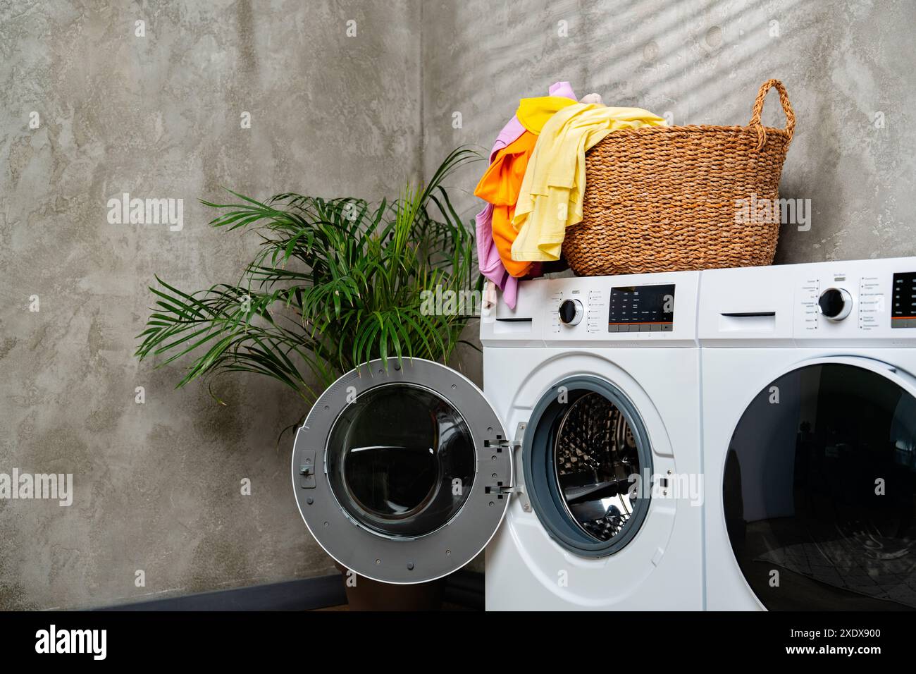 Modern White Washing Machines in Laundry Room With Open Door Stock ...