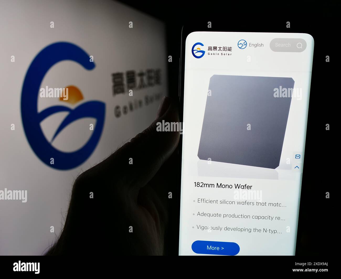 Person holding cellphone with webpage of Chinese photovoltaics company ...