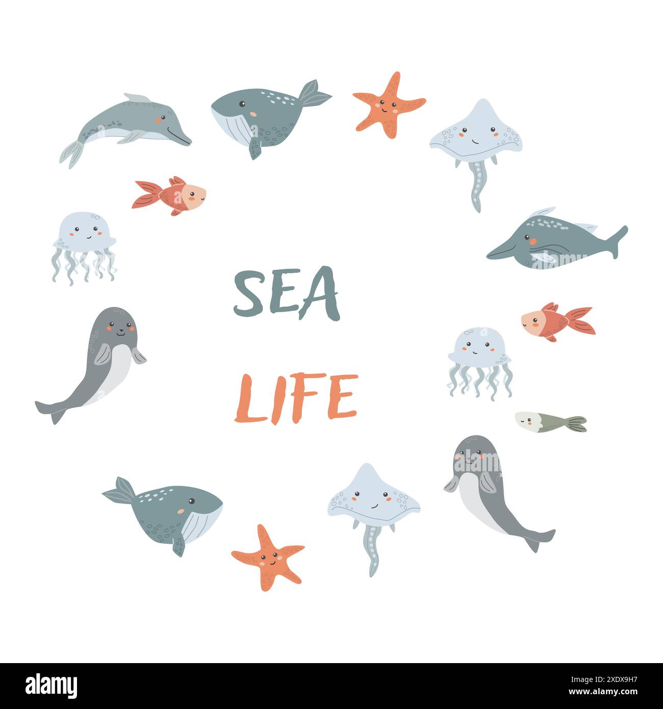 Childrens sea animal background with words. Nautical elements card ...