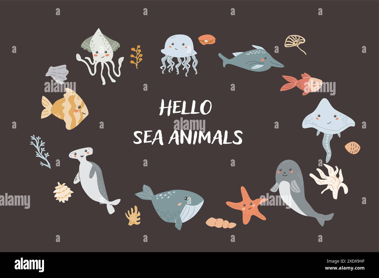Cute marine frame with sea animals, shell, dolphin and other ocean ...