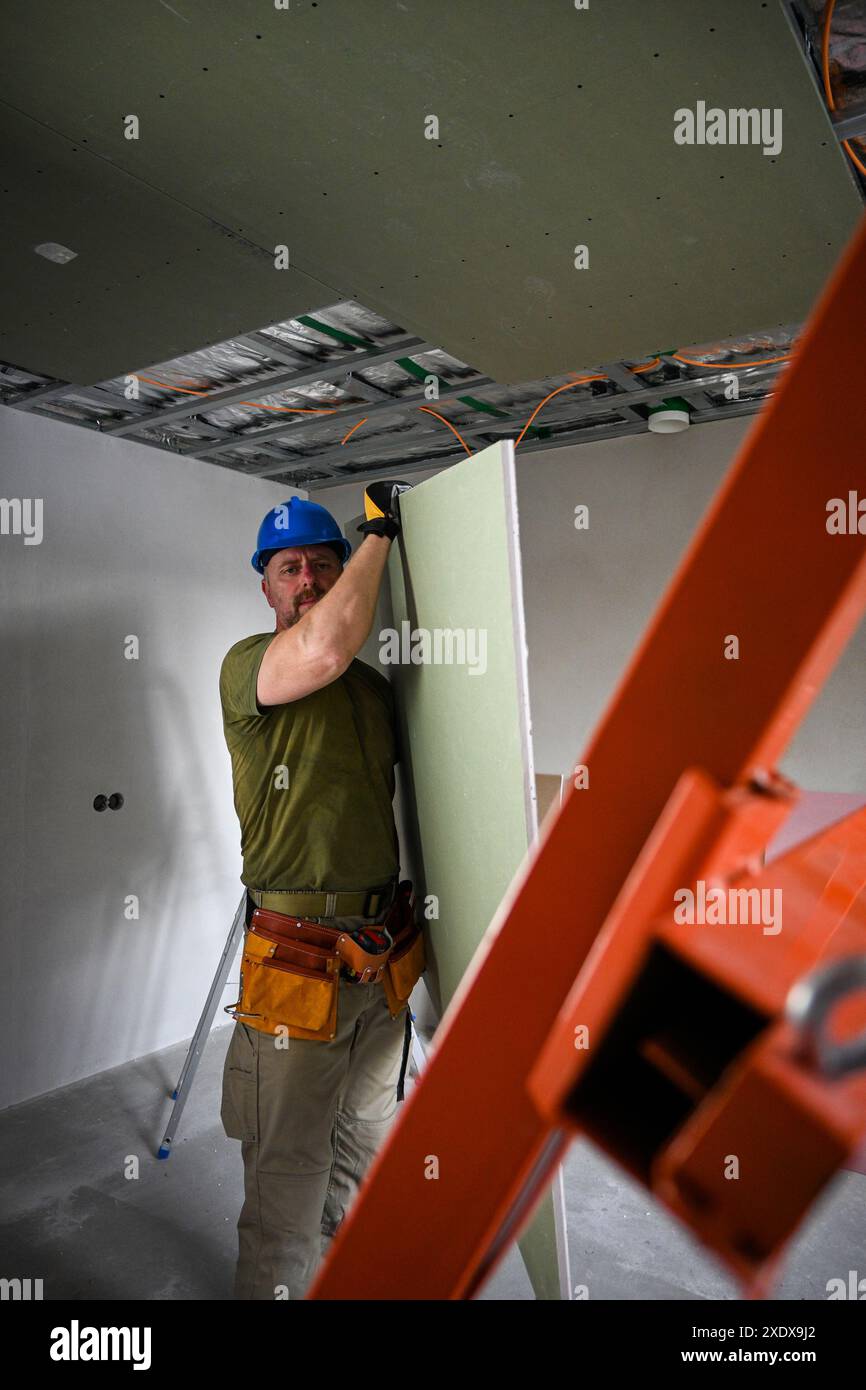 Construction worker carrying a large plasterboard with the help of a ...