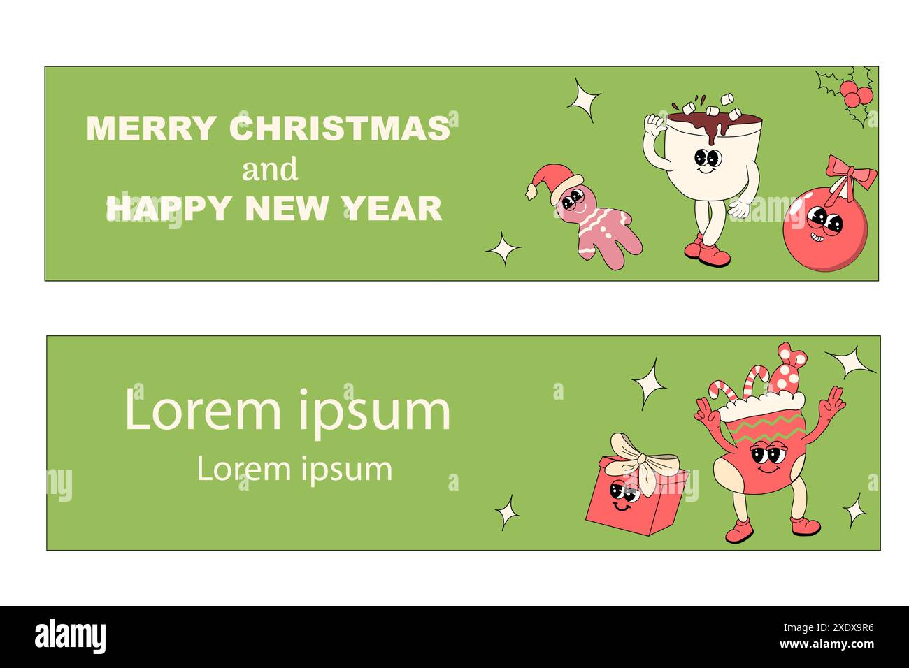 y2k new year banner with groovy characters santa and other holiday elements. Christmas groovy ...