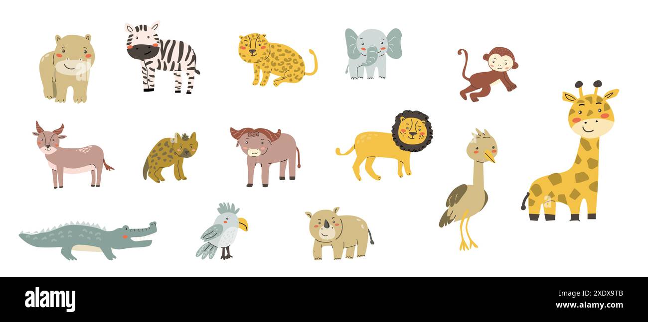 Childrens animals set. African elephant, lion, rhinoceros, monkey ...