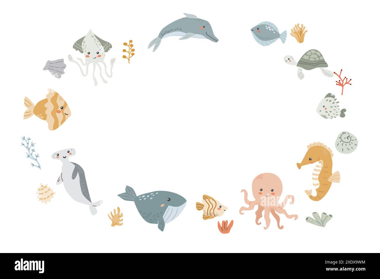 Cute marine frame with sea animals, shell, dolphin and other ocean ...