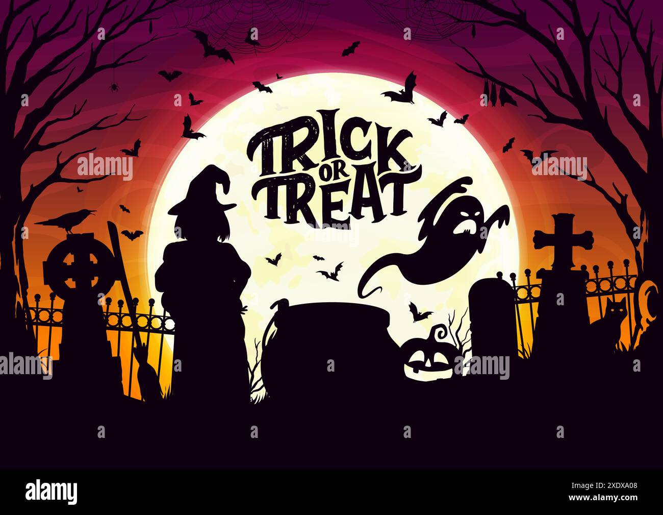 Halloween trick or treat scary holiday character silhouettes on ...