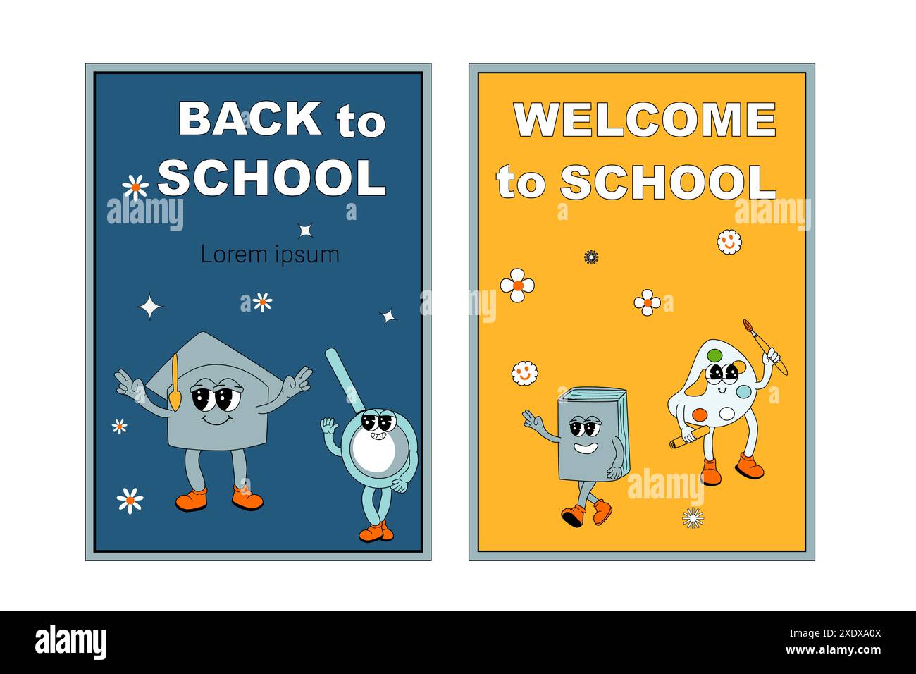 School posters set with groovy characters. Stationery with y2k school ...