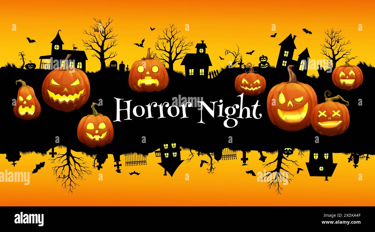 Halloween grunge banner with scary pumpkins and town silhouette. Vector ...