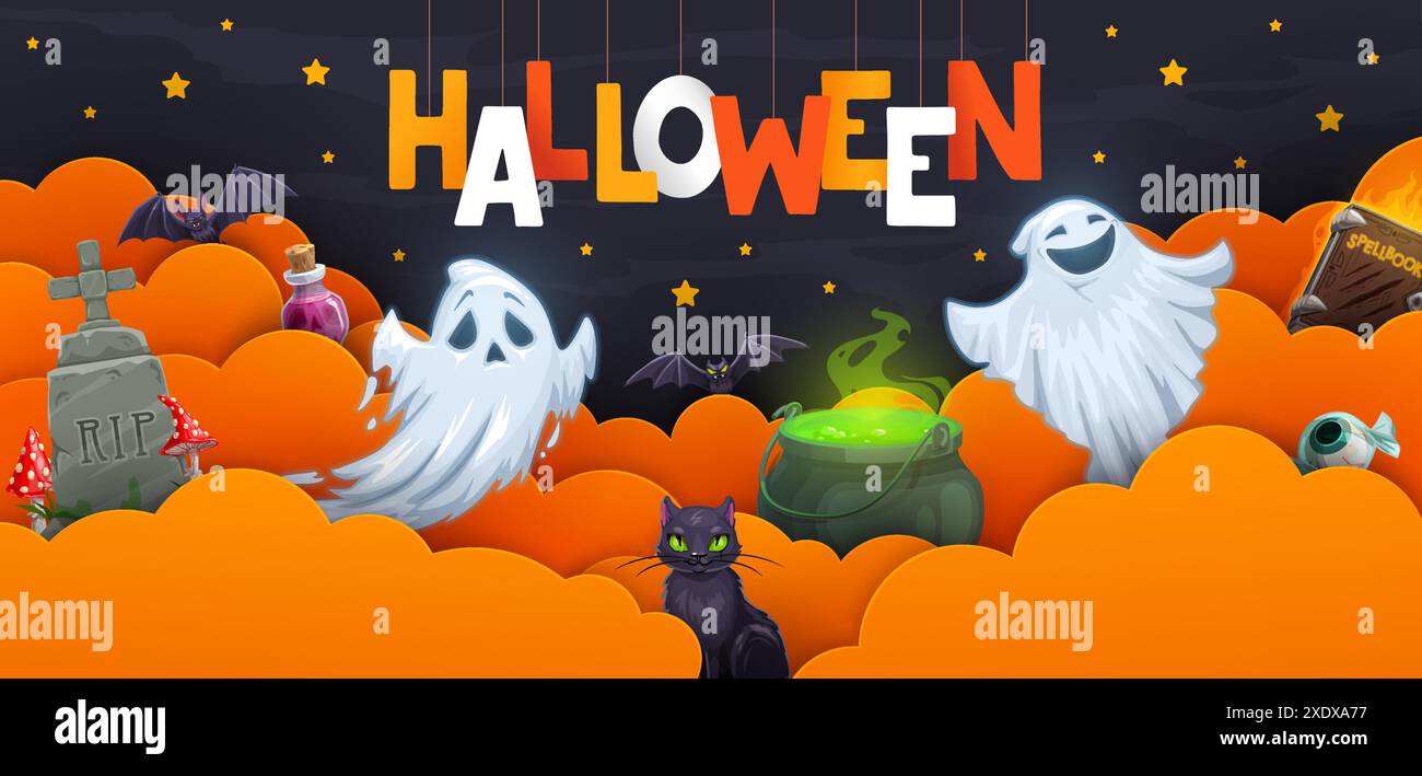 Halloween paper cut banner with clouds and cartoon ghosts characters ...
