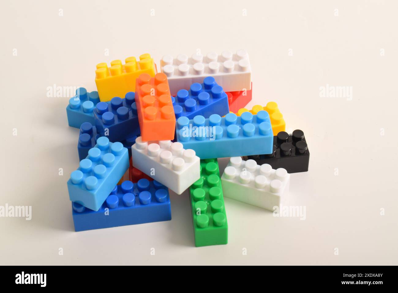 Pile of Colorful Plastic toy blocks isolated on white background Stock ...