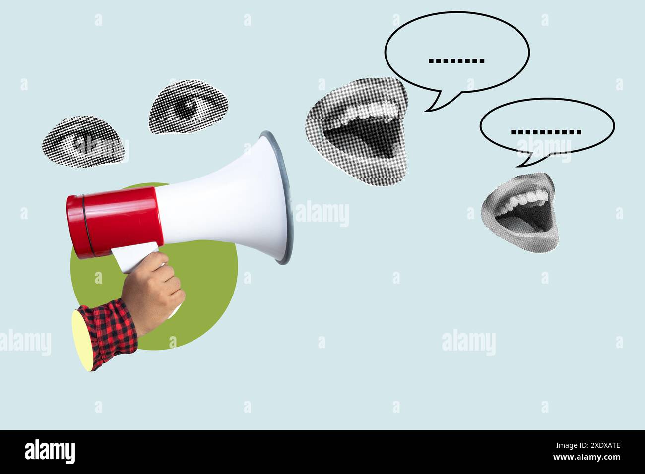 Contemporary art collage representing a person holding a megaphone ...