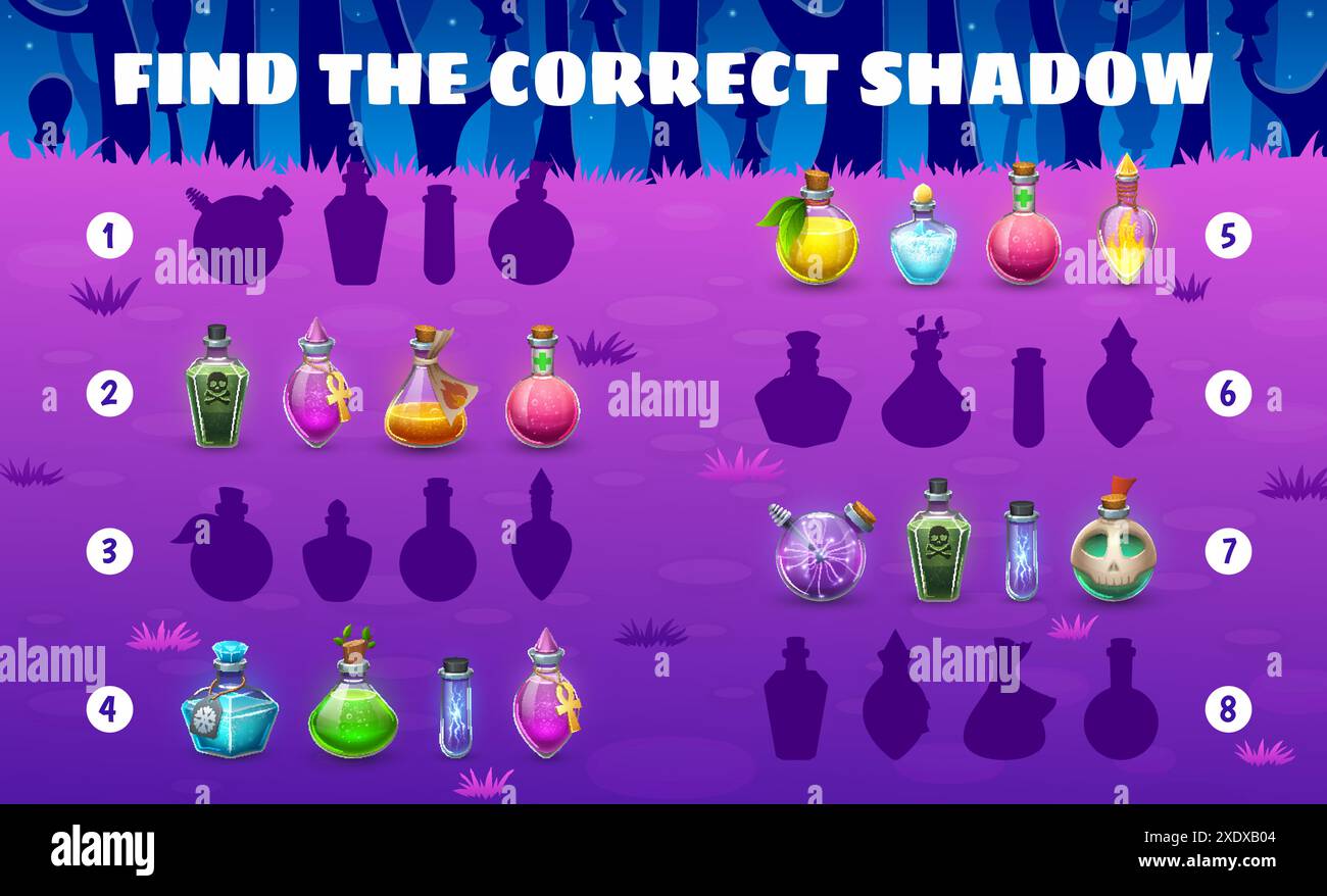 Halloween kids game. Help to find a correct potion bottles shadow. Kids ...