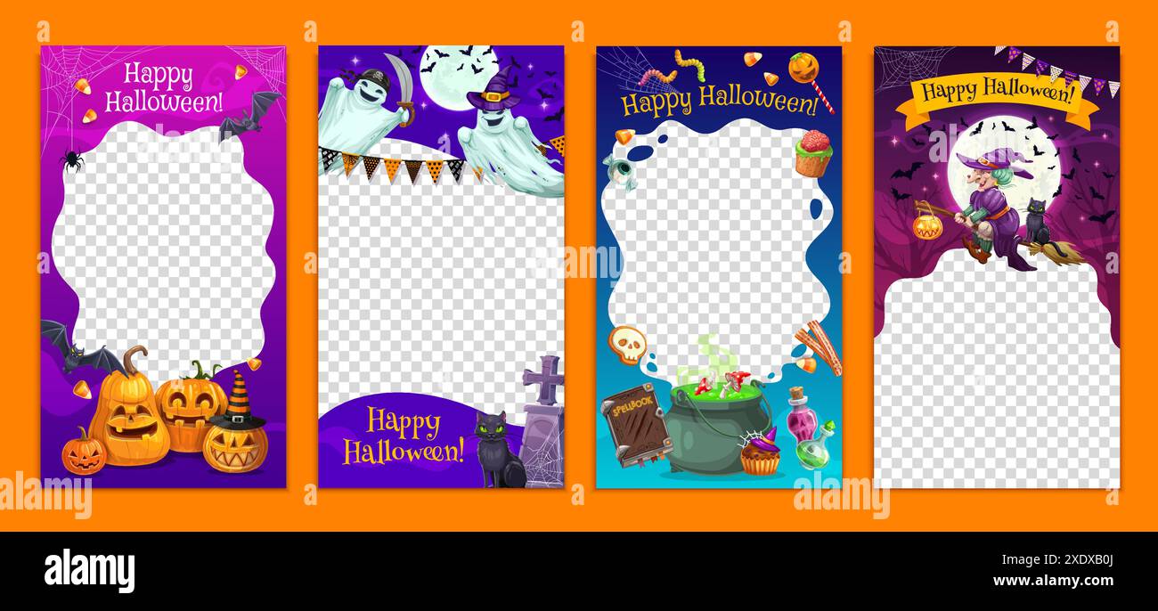 Halloween social media templates with cartoon holiday characters ...