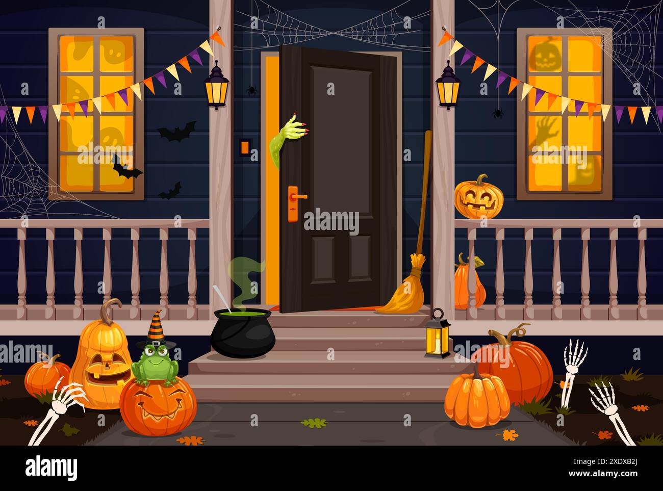 Halloween witch house door porch with ghosts, broom and pumpkins ...