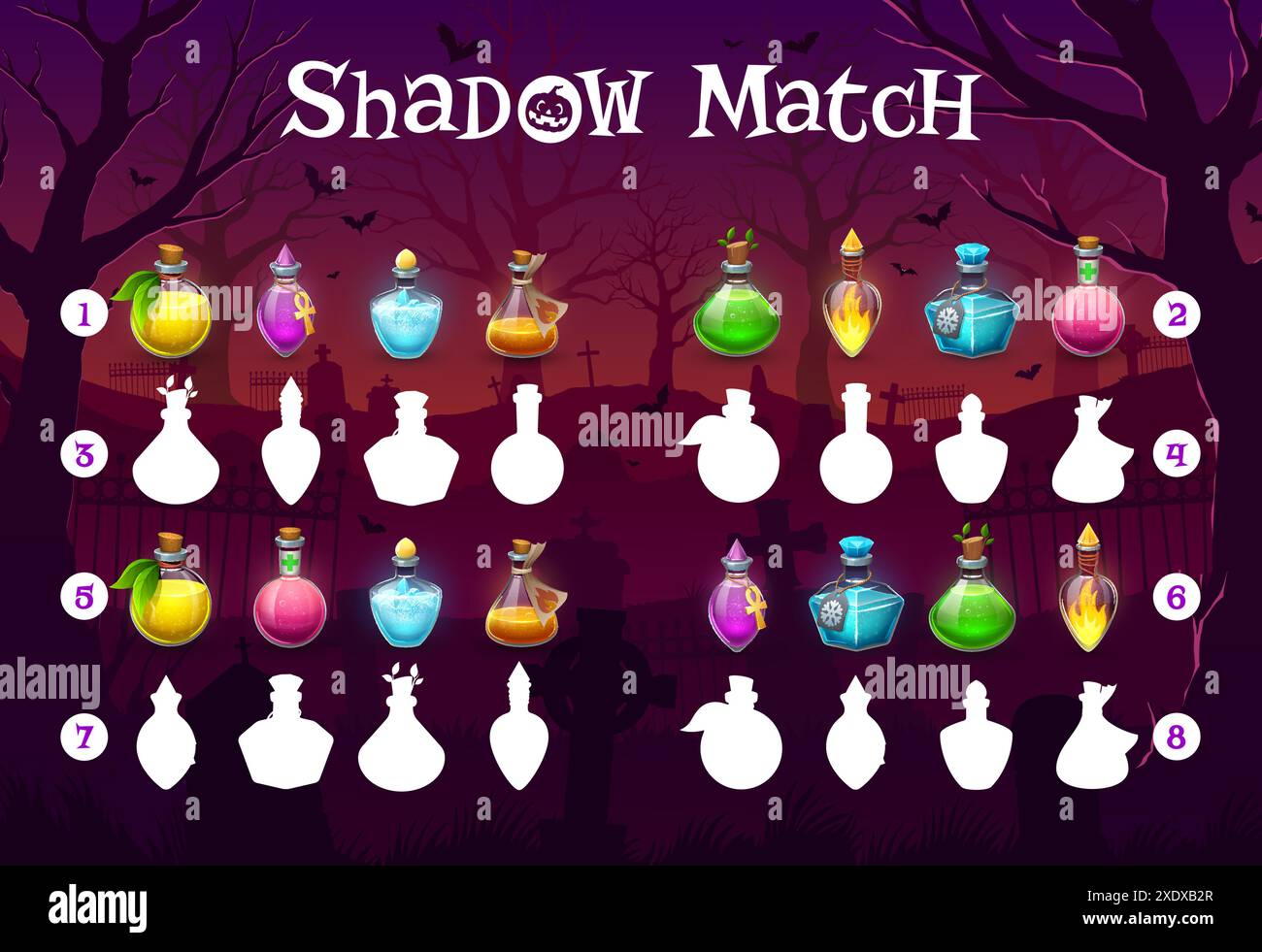 Halloween shadow match game, witch magic potion bottles. Find a correct ...