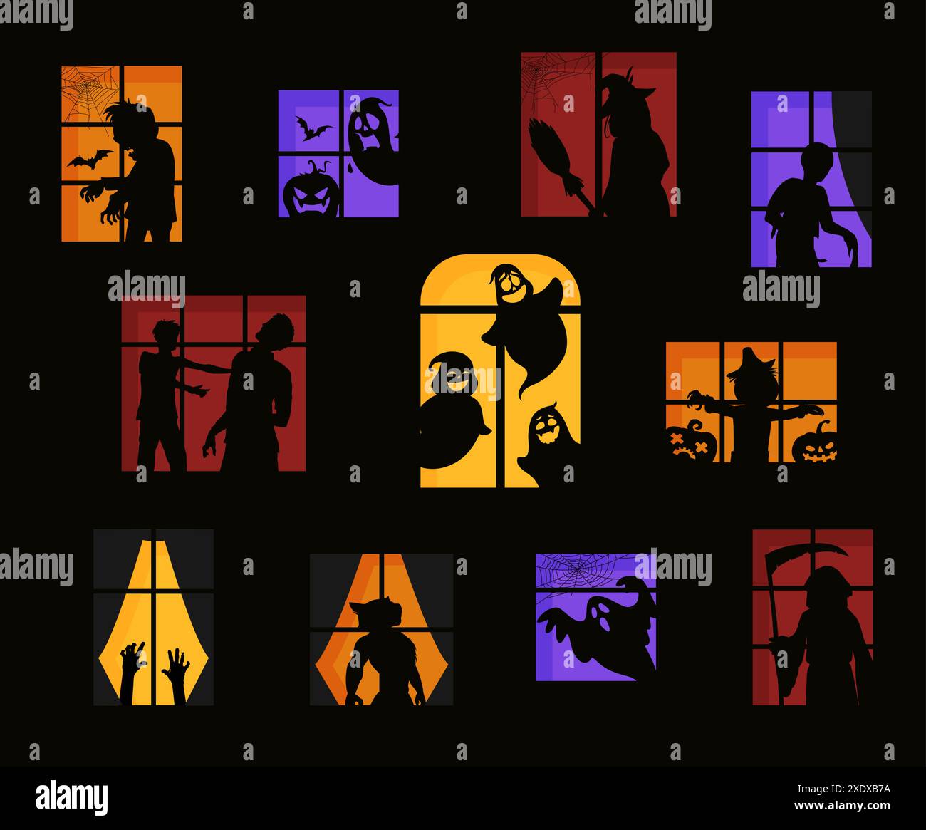 Halloween scary character silhouettes in windows. Vector haunted house ...