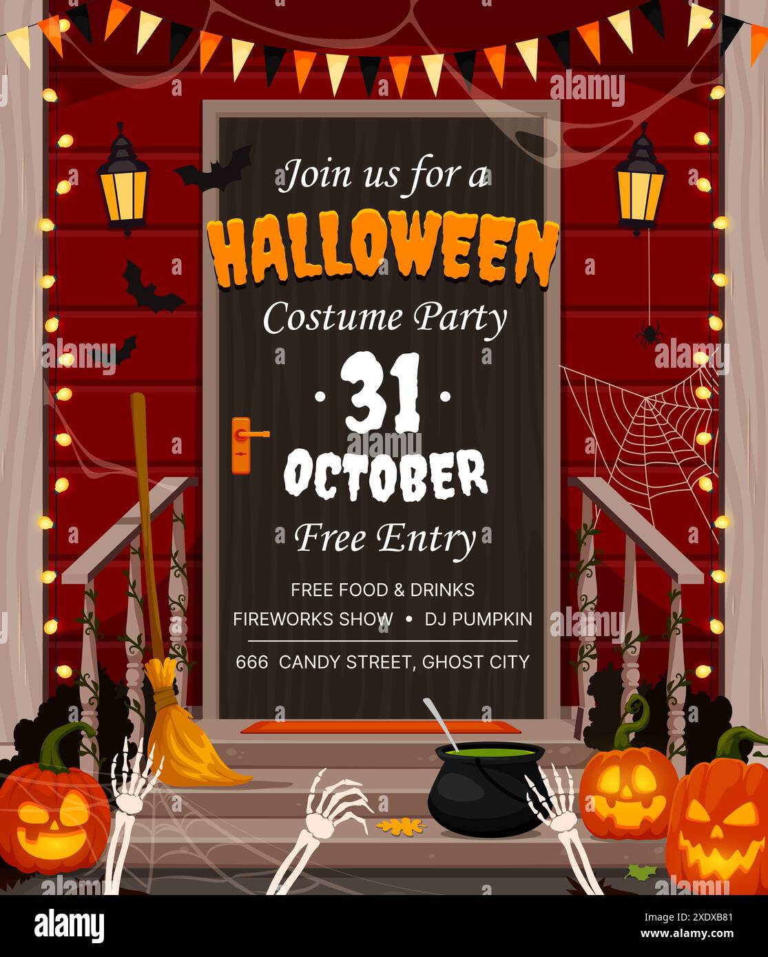Halloween party flyer with holiday decorated door porch. Vector Halloween horror night trick or ...