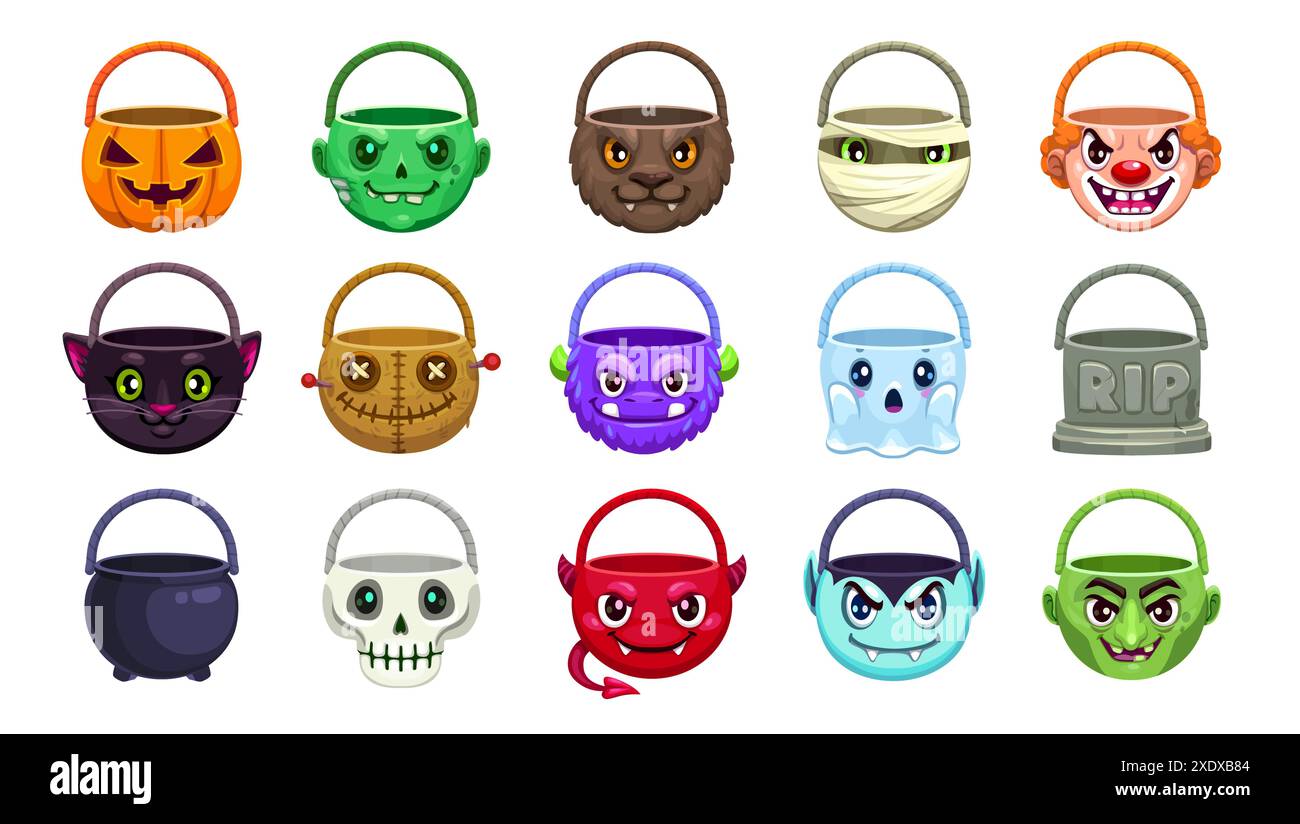 Halloween isolated sweets buckets with monster faces for holiday ...