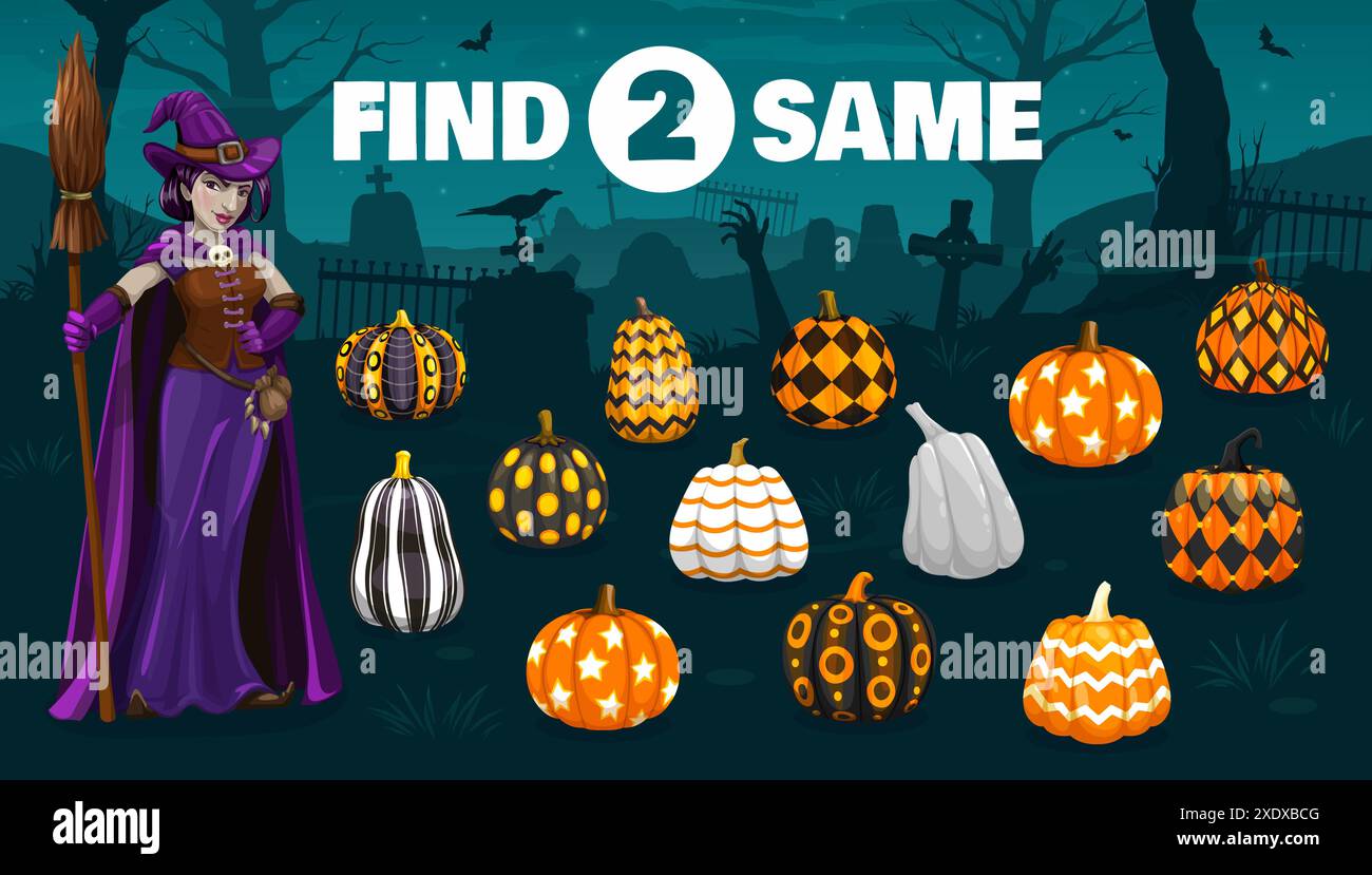 Halloween game, help to witch find two same patterned pumpkins, vector worksheet puzzle. Find ...