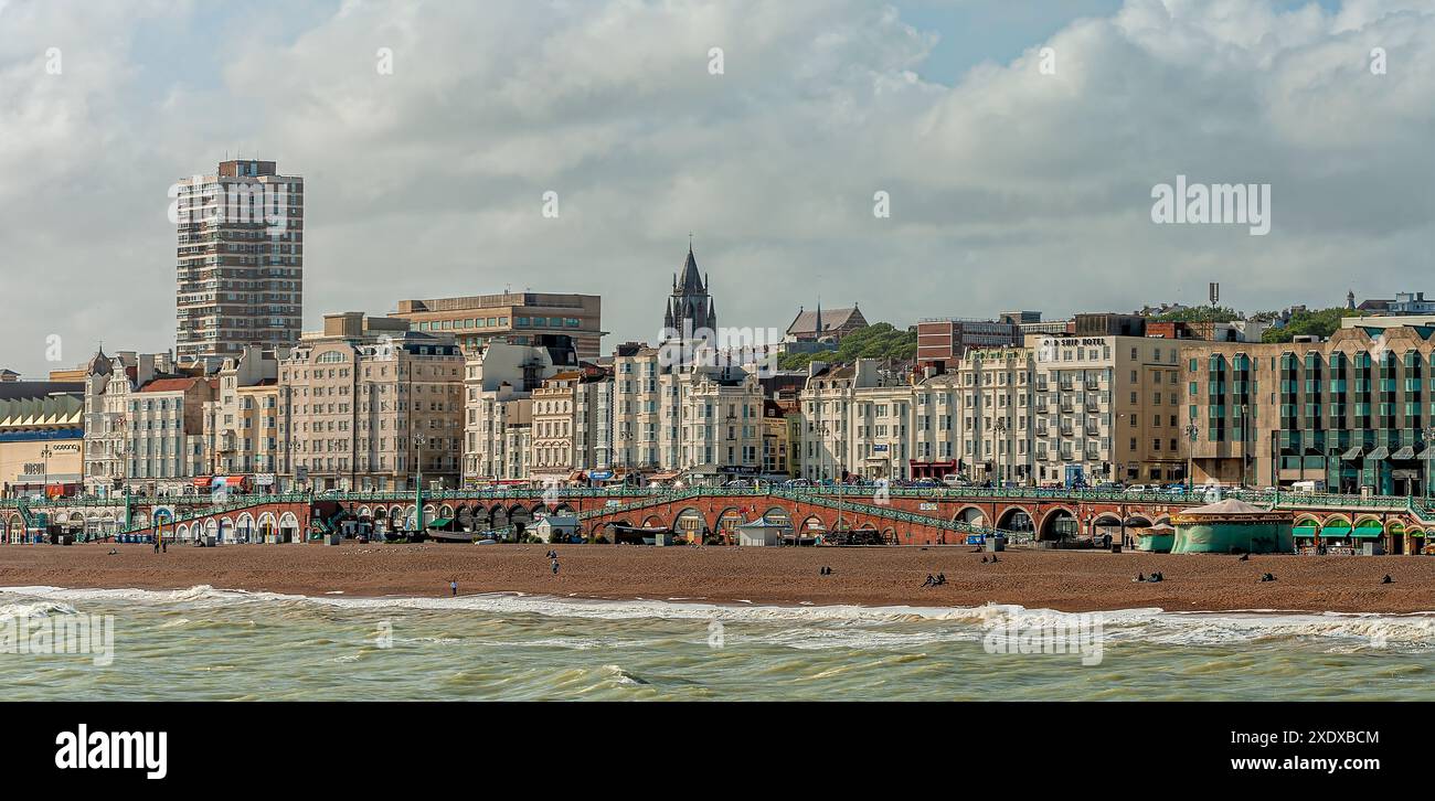View of Brighton waterfront seen from the Palace Pier, East Sussex ...