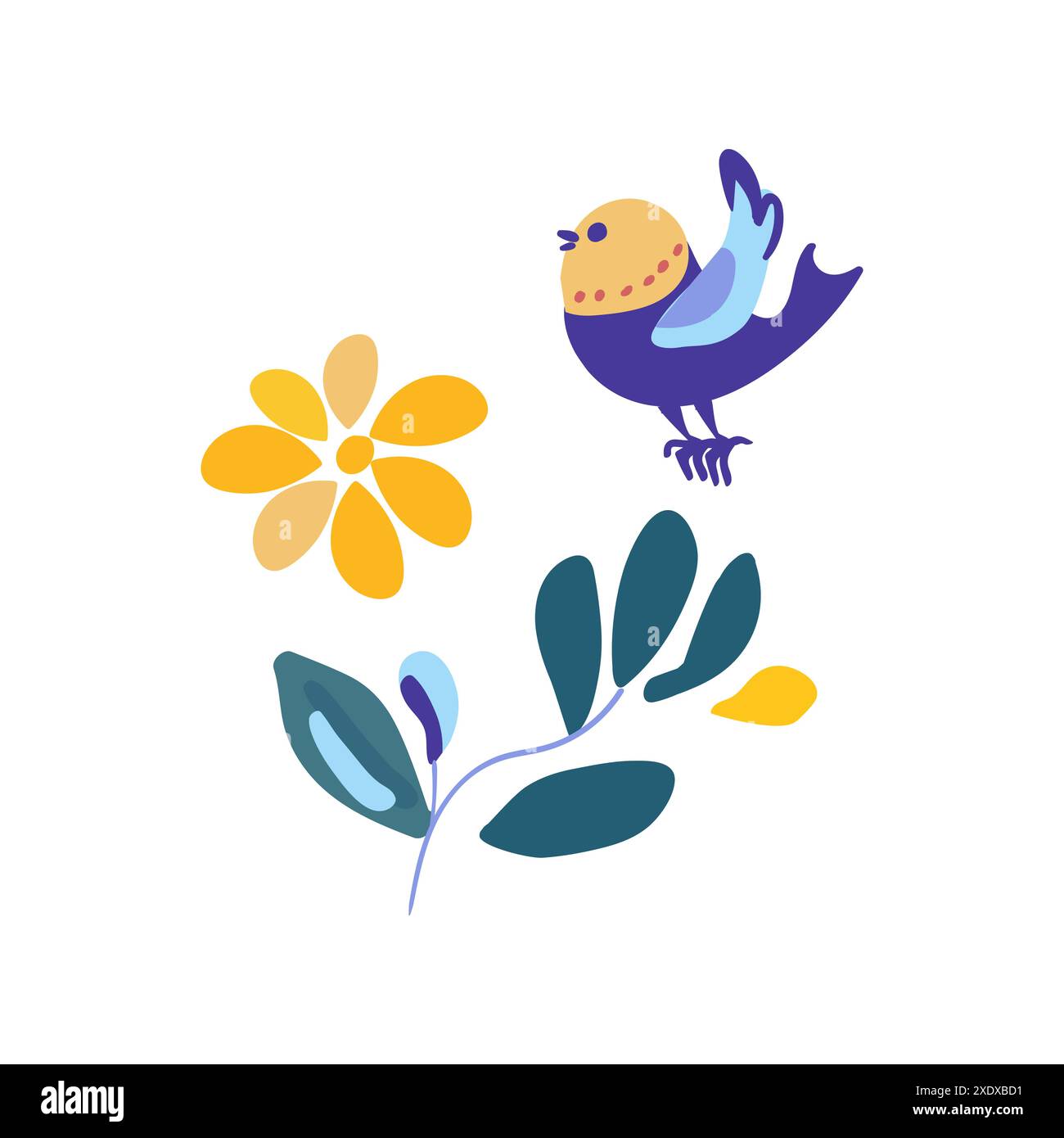 Minimalist graphic featuring a branch with a yellow flower and a bird ...
