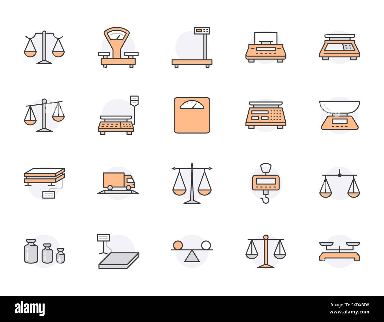 Balance flat line icons set. Weight measurement tools, diet scales ...