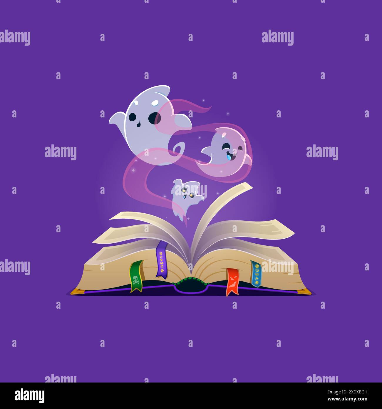 Cartoon Halloween spells book with kawaii ghosts floating over the ...