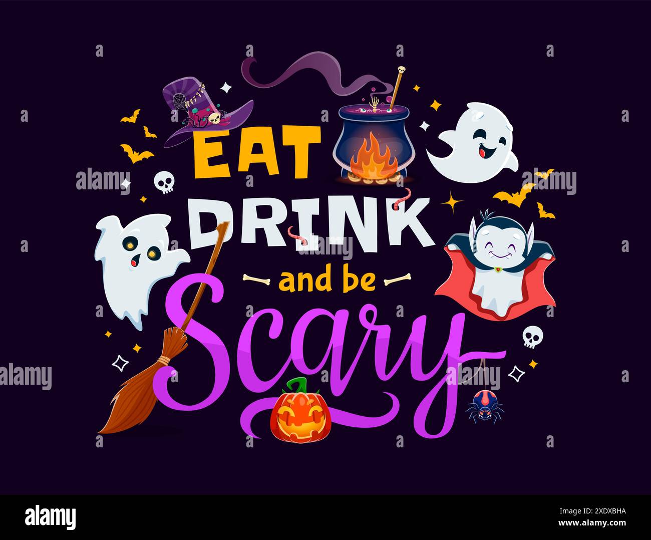 Eat drink and be scary, Halloween quote or tshirt print with kawaii ...