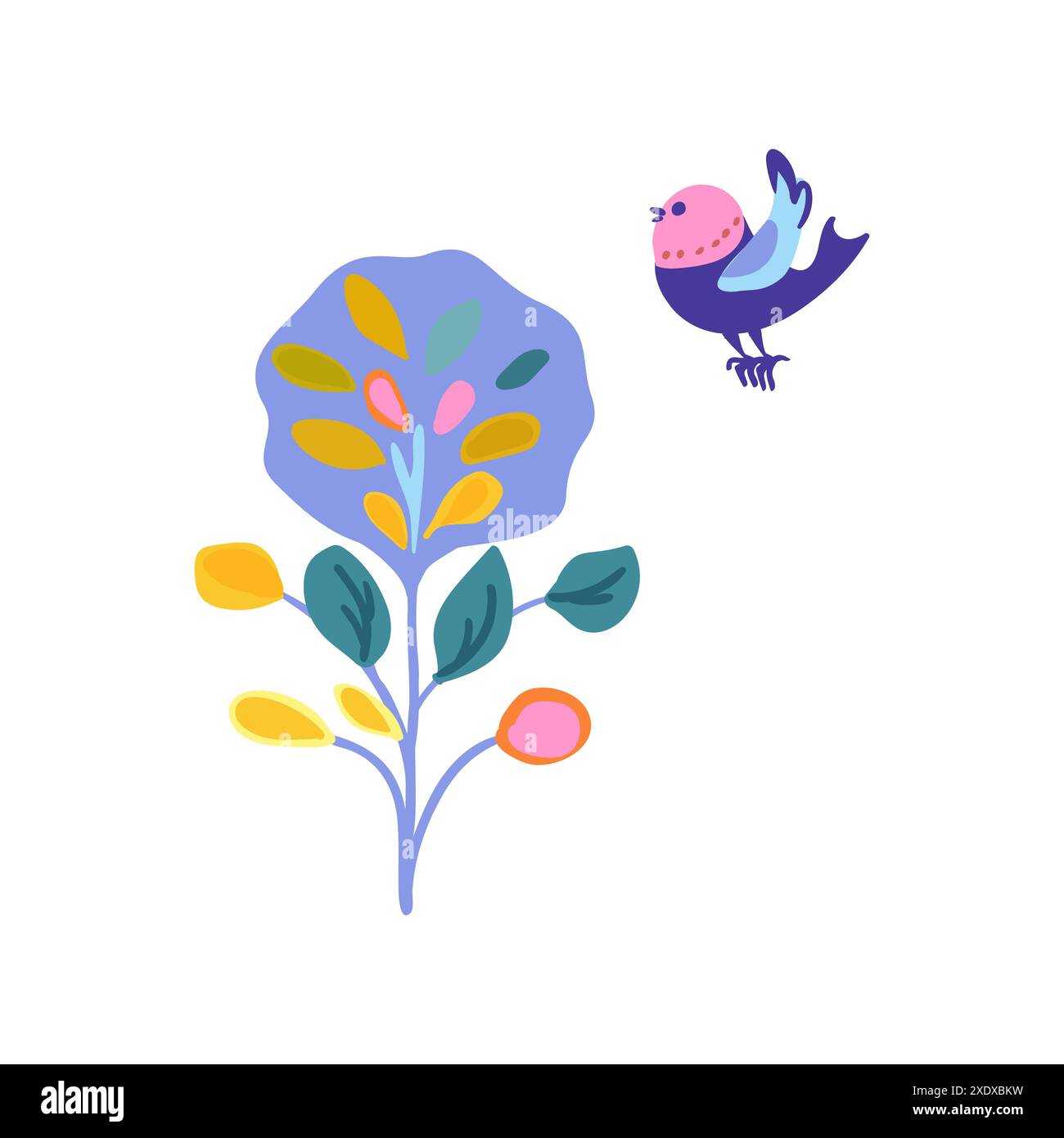 lilac tree with a bird, depicted in a charming folk style. The design ...