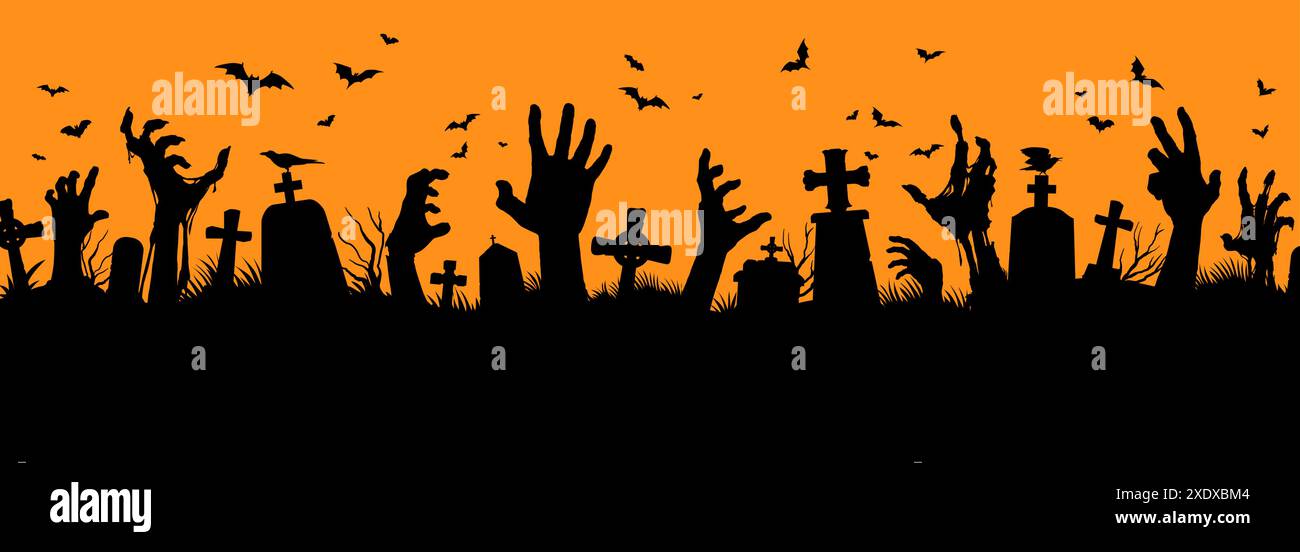 Halloween zombie hands silhouettes on cemetery. Vector creepy graveyard ...