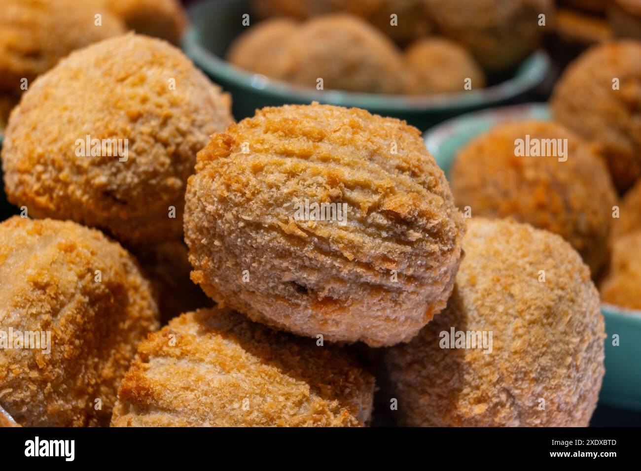 Traditional street food in UK, stuffed fried hot Scotch eggs with ...