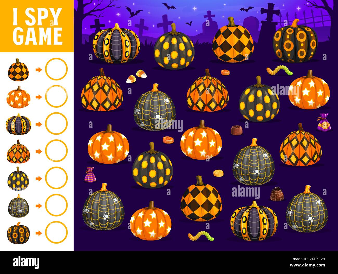 Halloween i spy game worksheet with holiday patterned pumpkins. Kids ...