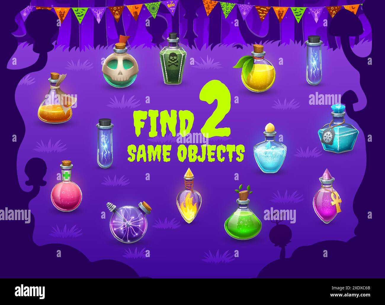 Find two same Halloween magic potion bottles in dark forest. Difference ...