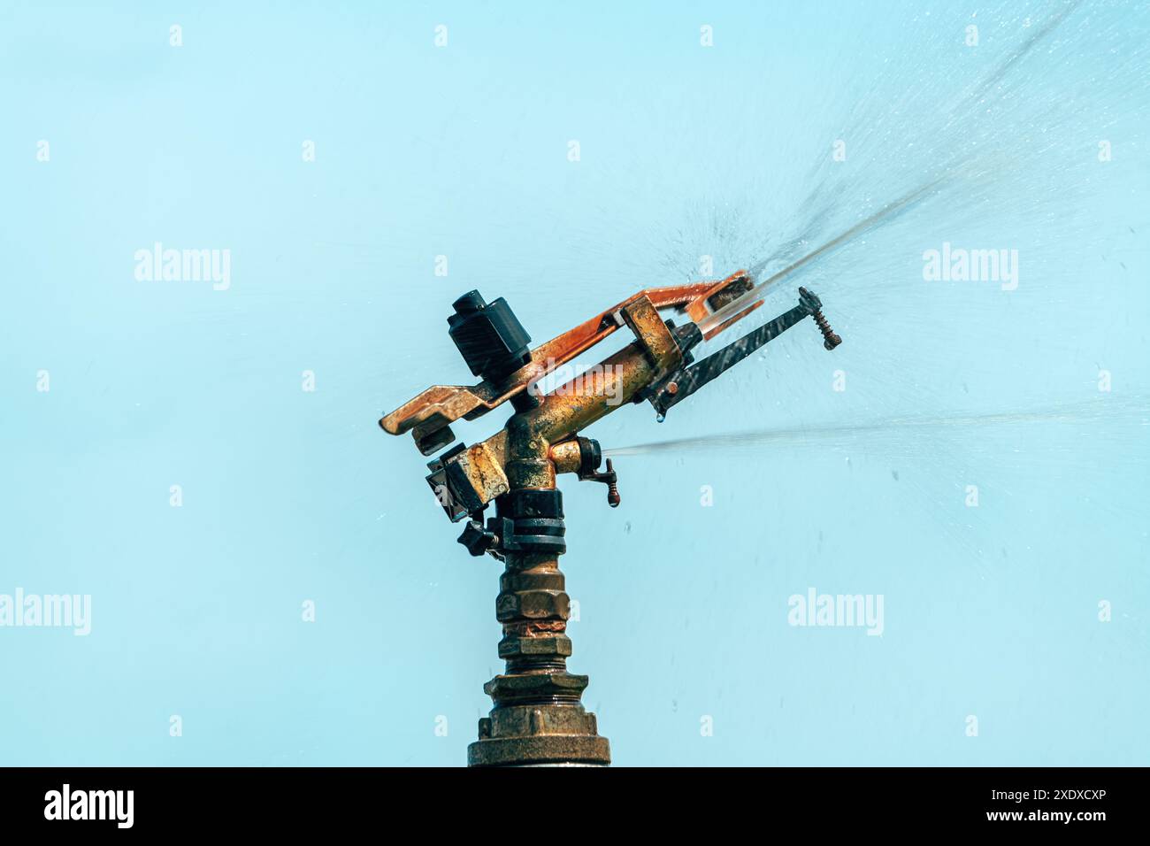 Water irrigation impact sprinkler in operation in field, selective ...