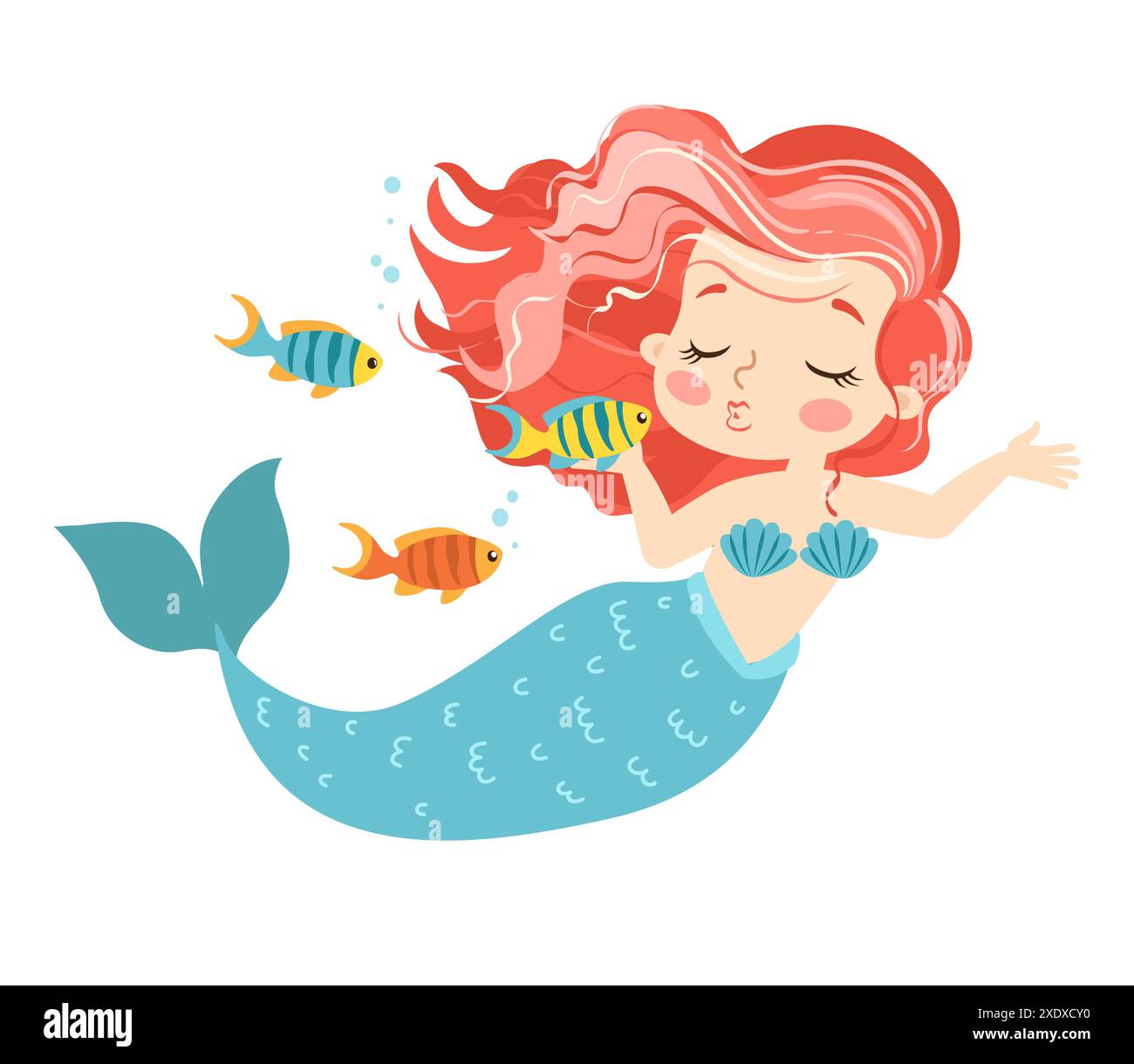 Hand drown vector illustration of Beautiful Girl Mermaid with pink hair ...