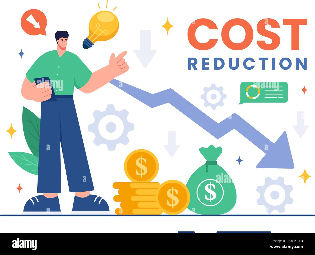 Cost Reduction Vector Illustration depicting Decrease, Price Minimization, or Falling Profit ...