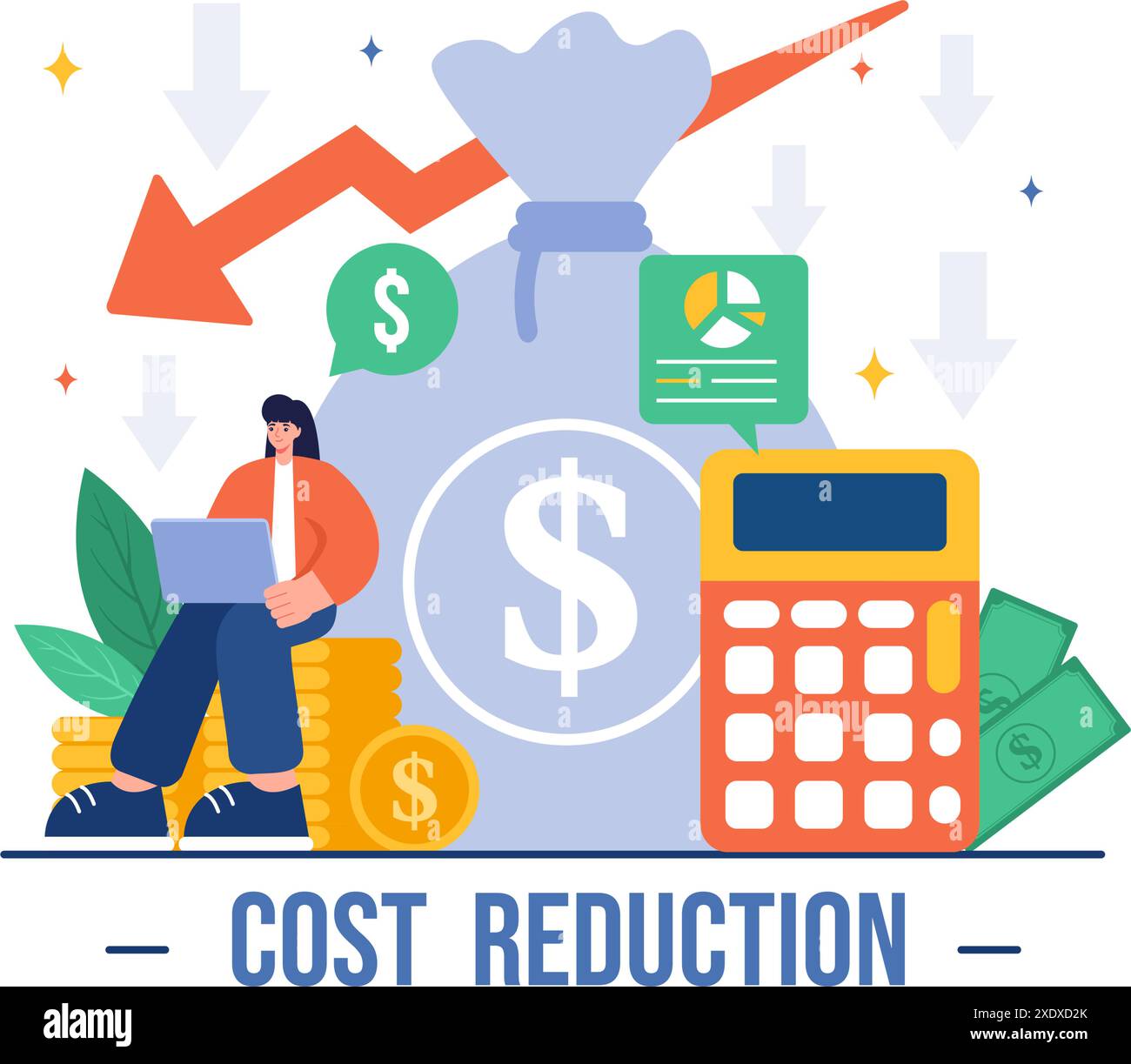 Cost Reduction Vector Illustration depicting Decrease, Price Minimization, or Falling Profit ...