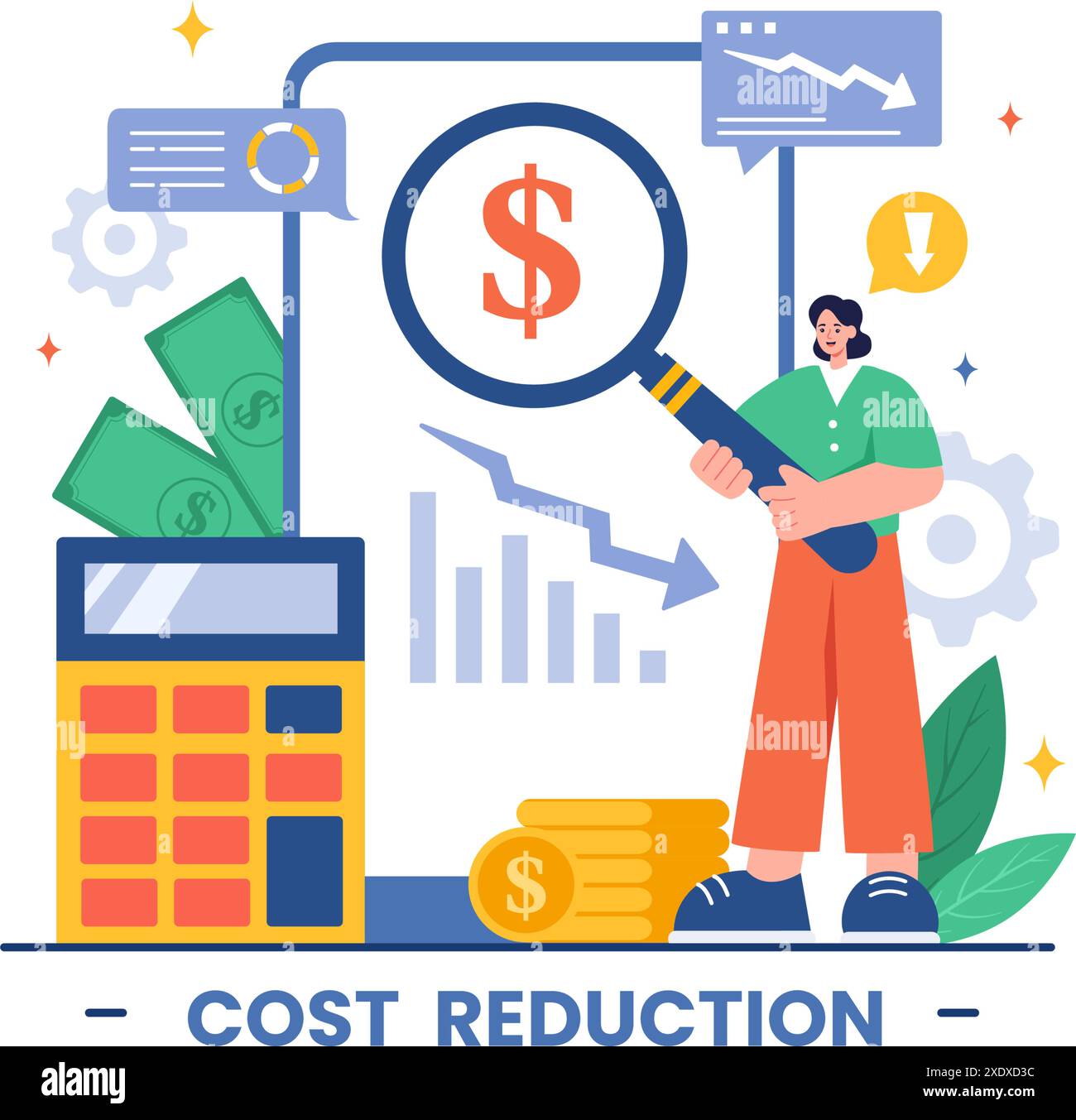 Cost Reduction Vector Illustration depicting Decrease, Price Minimization, or Falling Profit ...