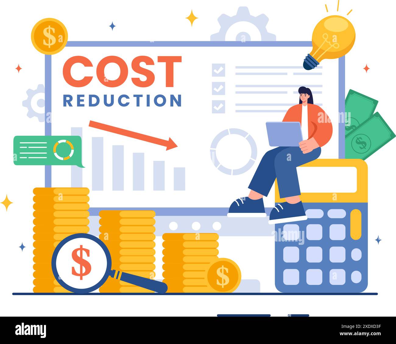 Cost Reduction Vector Illustration depicting Decrease, Price Minimization, or Falling Profit ...