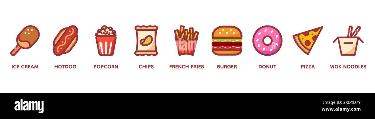 Fast food and drink vector icon set Set of colorful with text. Fast ...