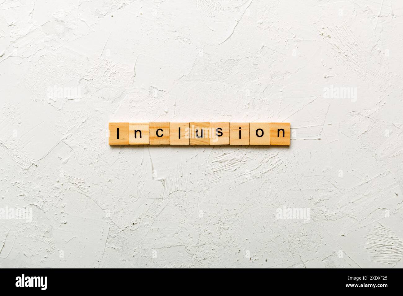 Inclusion word written on wood block. Inclusion text on cement table ...