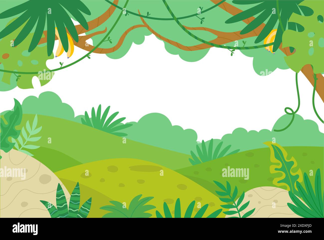 Tropical cartoon location. Exotic landscape with palm leaves, vines and ...