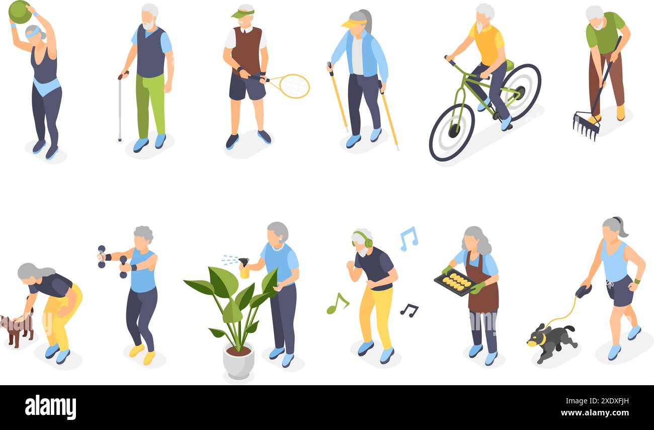 Isometric old people activities. Elderly men women training, play ...